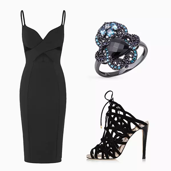 Maddox Black Dress (prislink); Ring med diamanter, topaser og agators SL (pris på linket); River Island Studs (€ 42 rabat 60%)