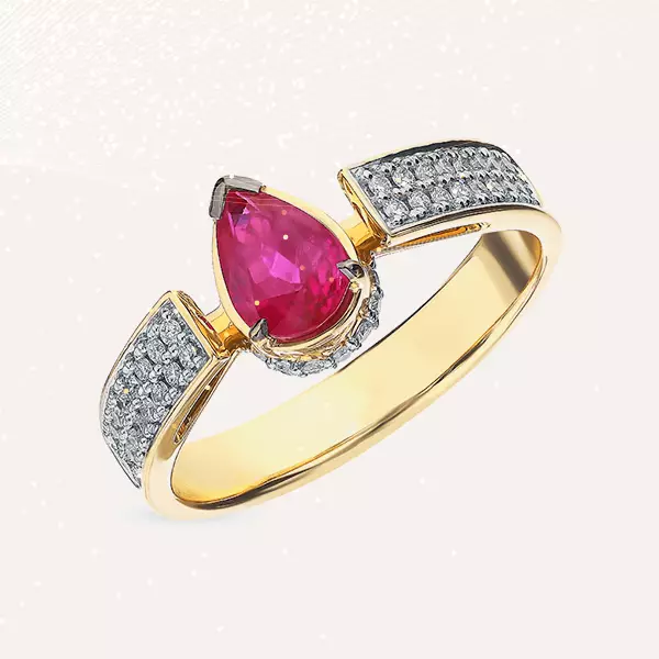 Ring JF Carat, volamena mavo, ruby, diamondra