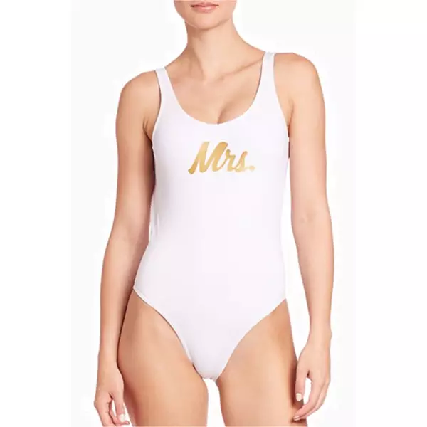 Costume da bagno bianco Buruna Malucelli con l'iscrizione "Mrs."