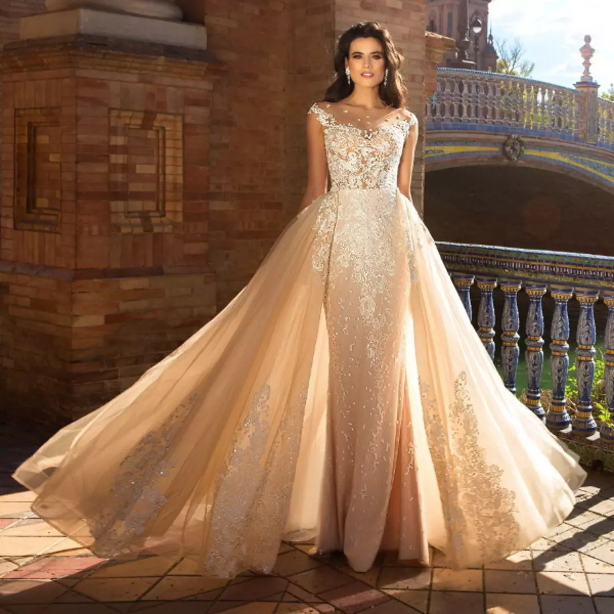 Beige lush wedding dress with patterns