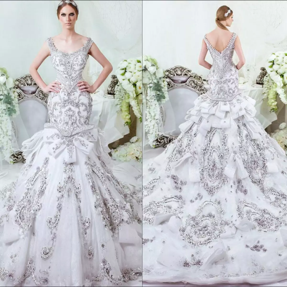 Long wedding dress with embroidery of precious stones