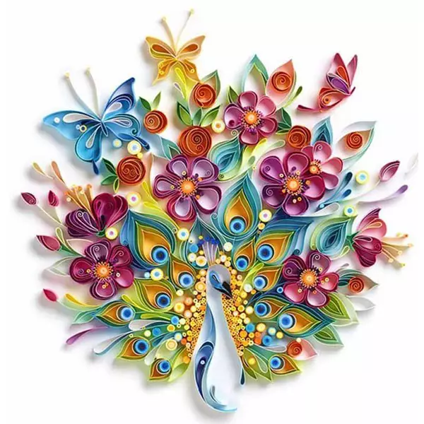 Peacock en Quilling-tekniko