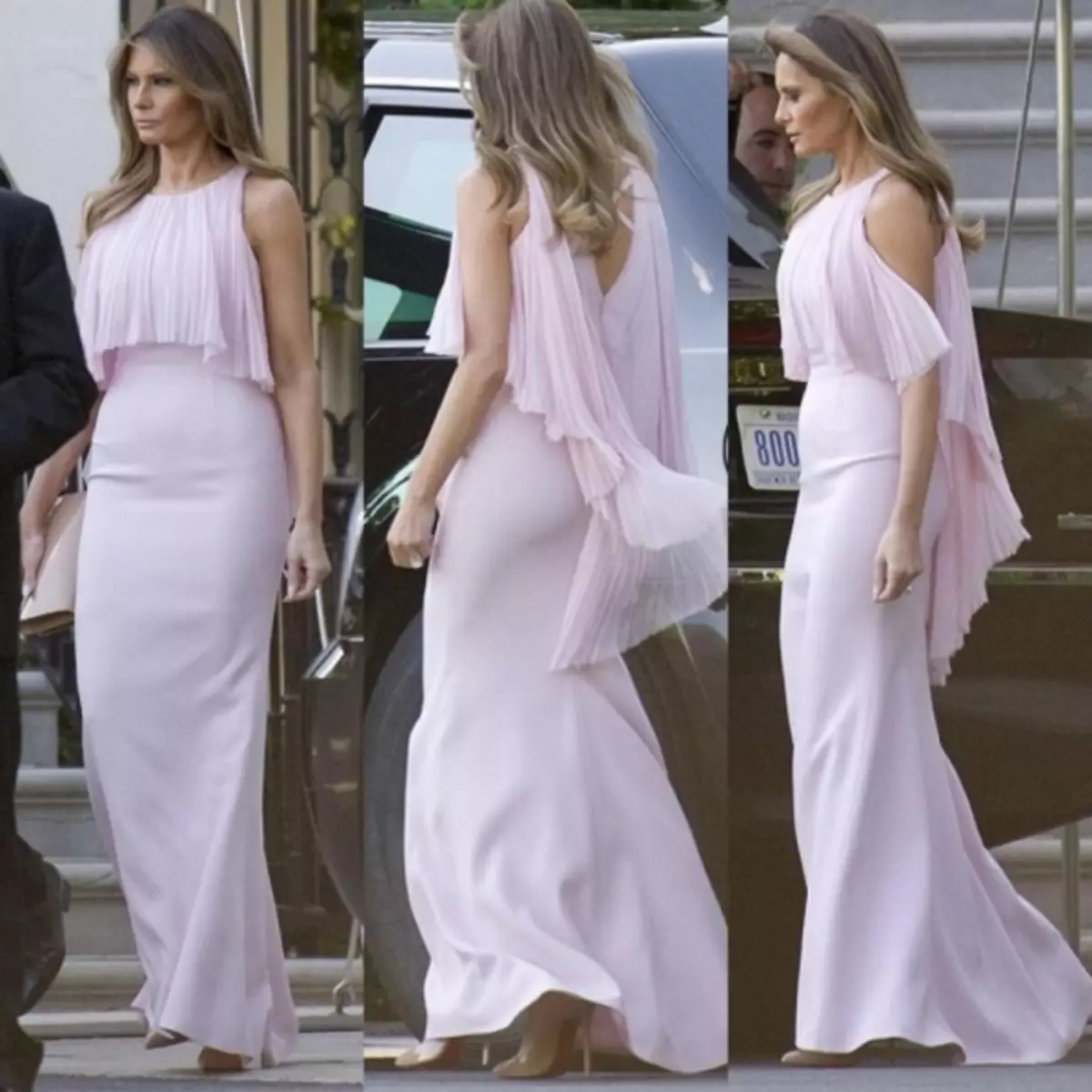 Melania ໃນ dress ສົດໃສຍາວ