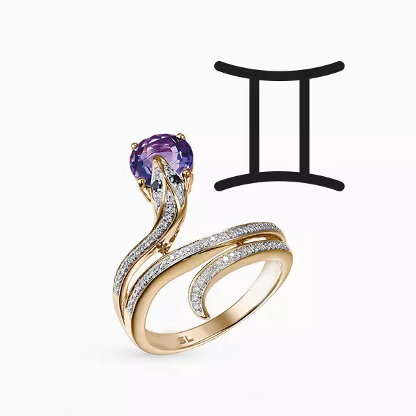 Gold SL Ring dengan berlian hitam dan putih dan amethysts